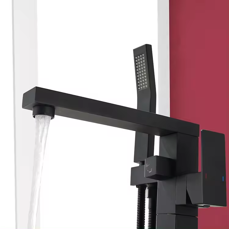 Straight Freestanding Matt Black Bath Tap With Shower
