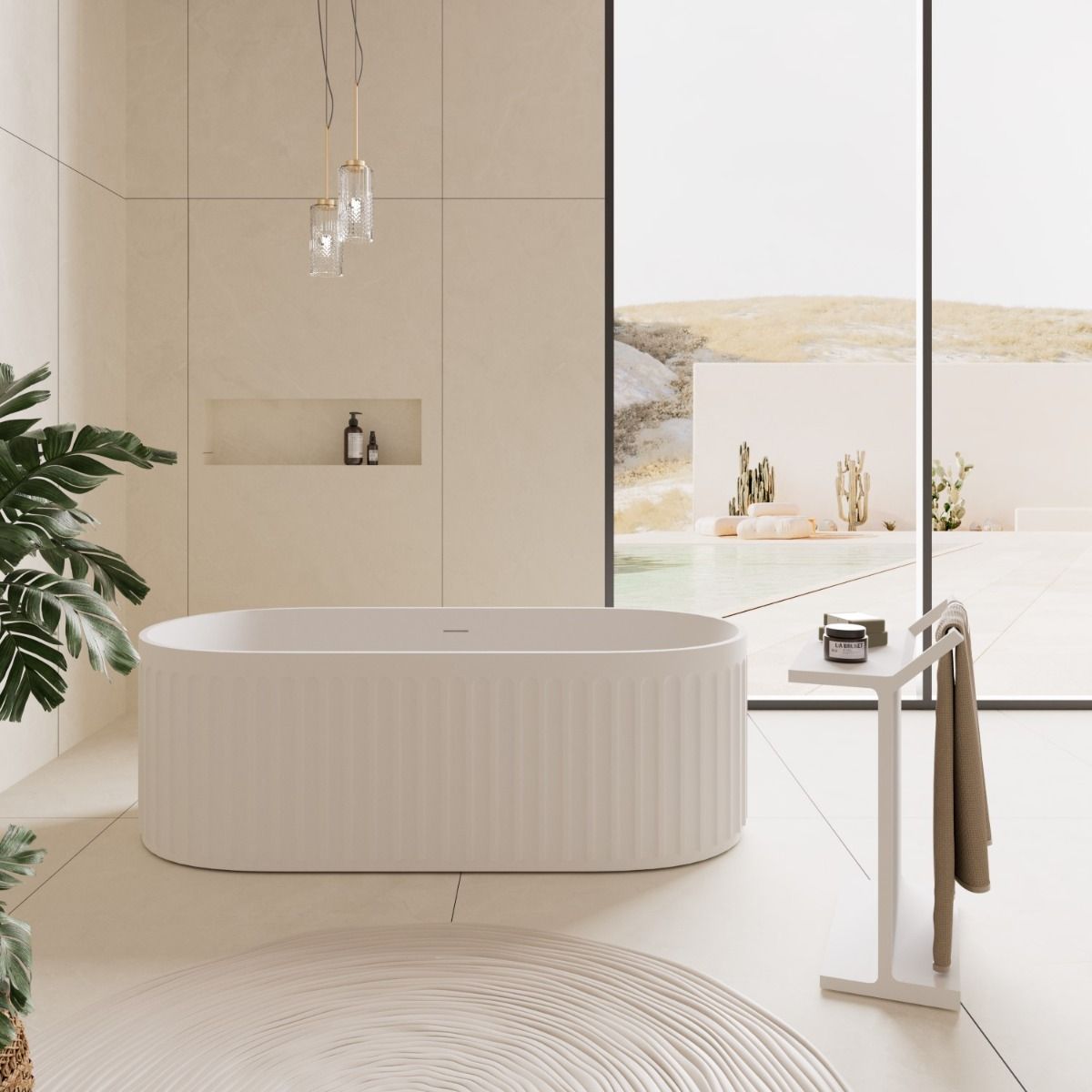 Matt White Stone Freestanding Bath Shelf With Towel Rail