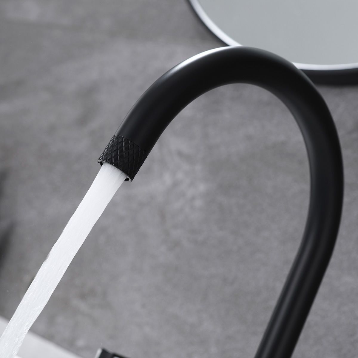 Shelf Mounted Black Curved Tap With Double Marble Handles